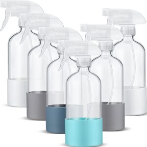 chengu 6 packs empty glass spray bottles with silicone, 17 oz refillable container clear spray bottles for cleaning solutions, essential oils, misting plants (white, light gray, dark gray, green)