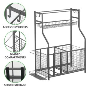 mDesign Metal Heavy Duty Garage Storage System Rack with Top Shelf, Multi-Purpose Sporting Goods Storage with Multiple Compartments, Baskets and Hooks - Holds Equipment, Balls, Bats - Graphite Gray