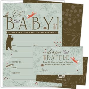 koko paper co enchanted woodland baby shower invitations and diaper raffle tickets | 75 count: 25 fill-in invitations, 25 bright white envelopes and 25 diaper raffle tickets | heavy card stock