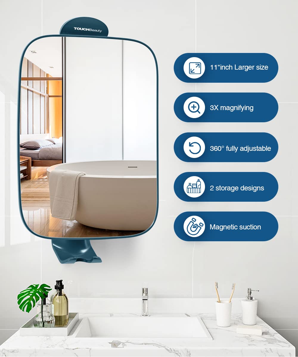 TOUCHBeauty 3X Shower Mirrors for Shaving with Razor Holder, Heldhand & 360 Degree Swivel, Larger Size 11" Blue Bathroom Accessories for Men