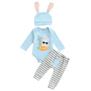 meiweileya newborn baby boys easter bunny outfits my 1st easter romper+striped pants+ear hat 3piece rabbit clothes set (light blue, 3-6 months)