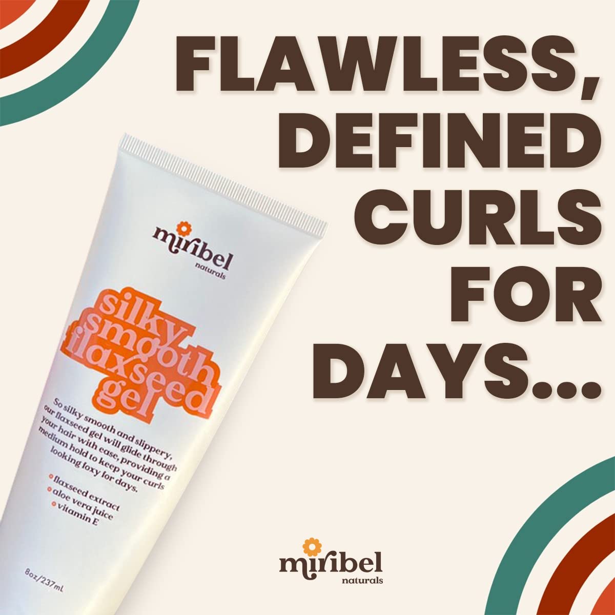 Miribel Naturals Medium Hold Flaxseed Gel for Curly and Wavy Hair | Curl Defining Styling Gel | No Buildup, No Flaking, No Crunch | Light Scent | Vegan and Cruelty-Free