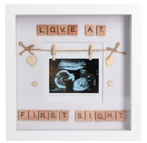 boom moments sonogram picture frame | scrabble style letters | keepsake baby ultrasound frame | best baby announcement | love at first sight (10 x 10 inches)