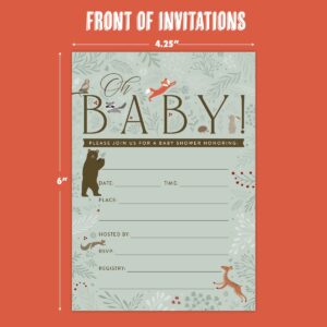 Koko Paper Co Enchanted Woodland Baby Shower Invitations and Diaper Raffle Tickets | 75 Count: 25 Fill-in Invitations, 25 Bright White Envelopes and 25 Diaper Raffle Tickets | Heavy Card Stock