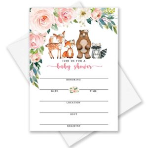 Yuzioey Girl Woodland Baby Shower Invitations, 25 Woodland Floral Invitations Macthing Envelpoes, Diaper Raffle Tickets, Book Request Cards, Forest Creatures Invitations