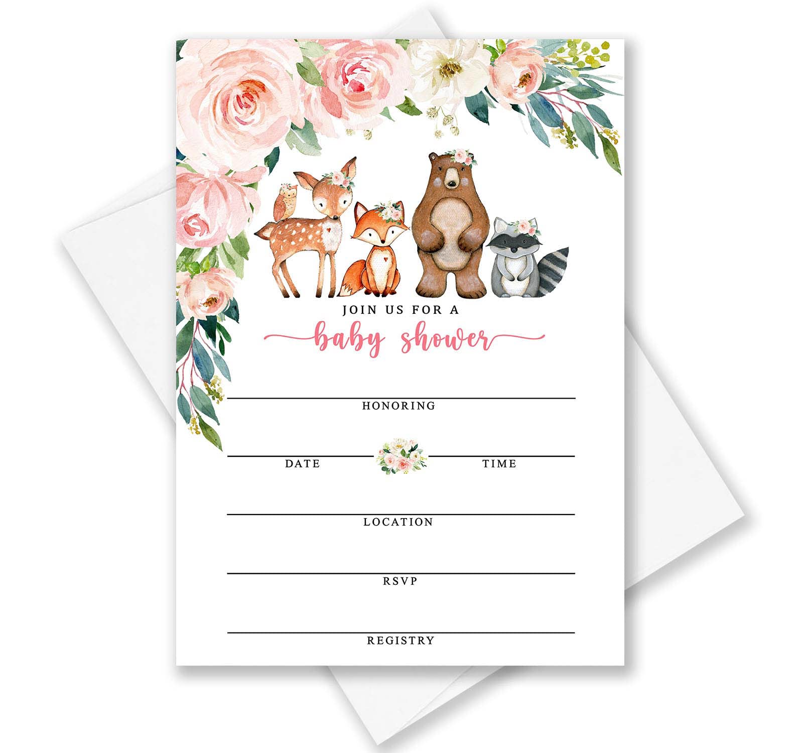 Yuzioey Girl Woodland Baby Shower Invitations, 25 Woodland Floral Invitations Macthing Envelpoes, Diaper Raffle Tickets, Book Request Cards, Forest Creatures Invitations