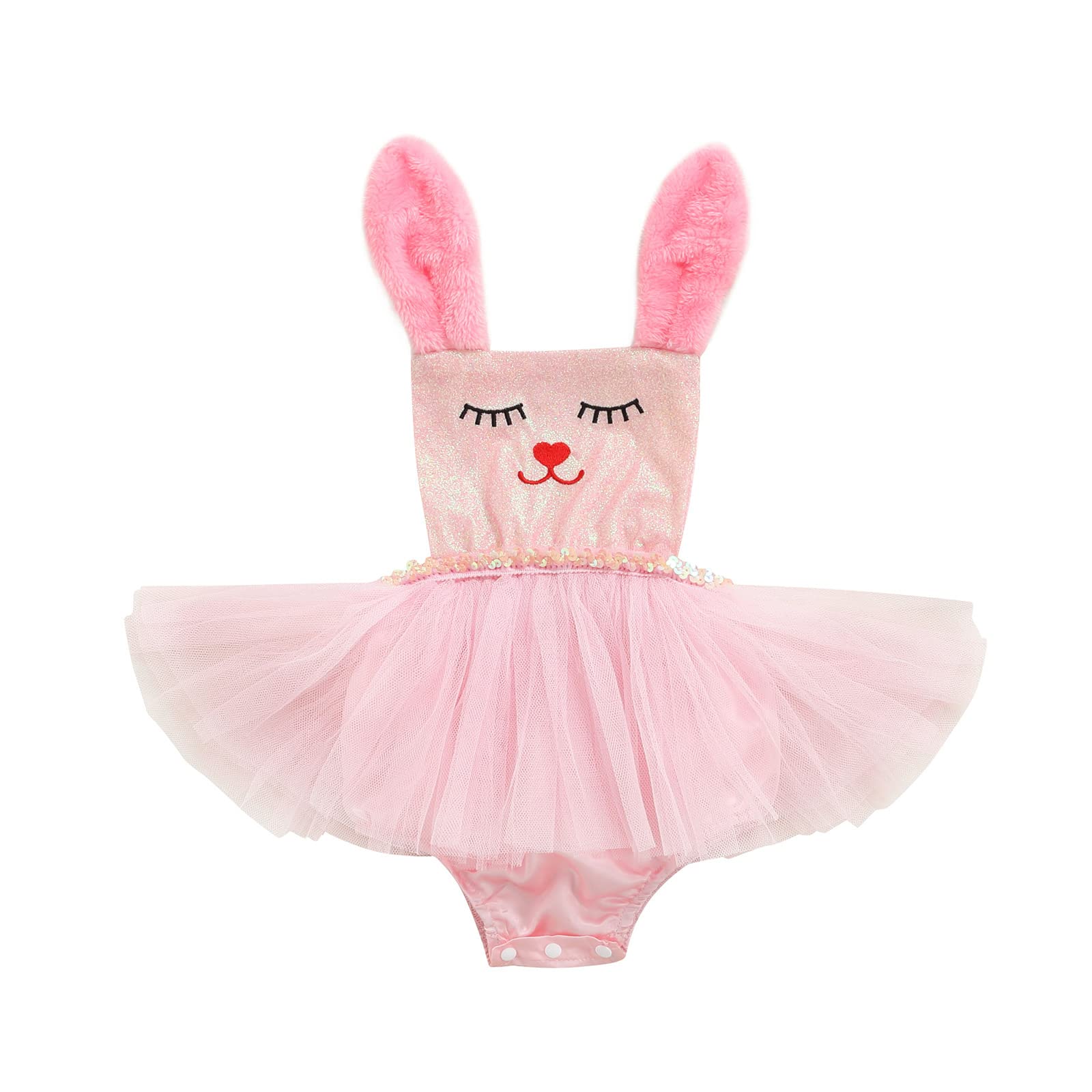 Toddler Baby Girl Romper Infant Girl Easter Sequins Tutu Dress Bunny Ear Jumpsuit Playsuit One Piece Outfit (Pink, 18-24M)