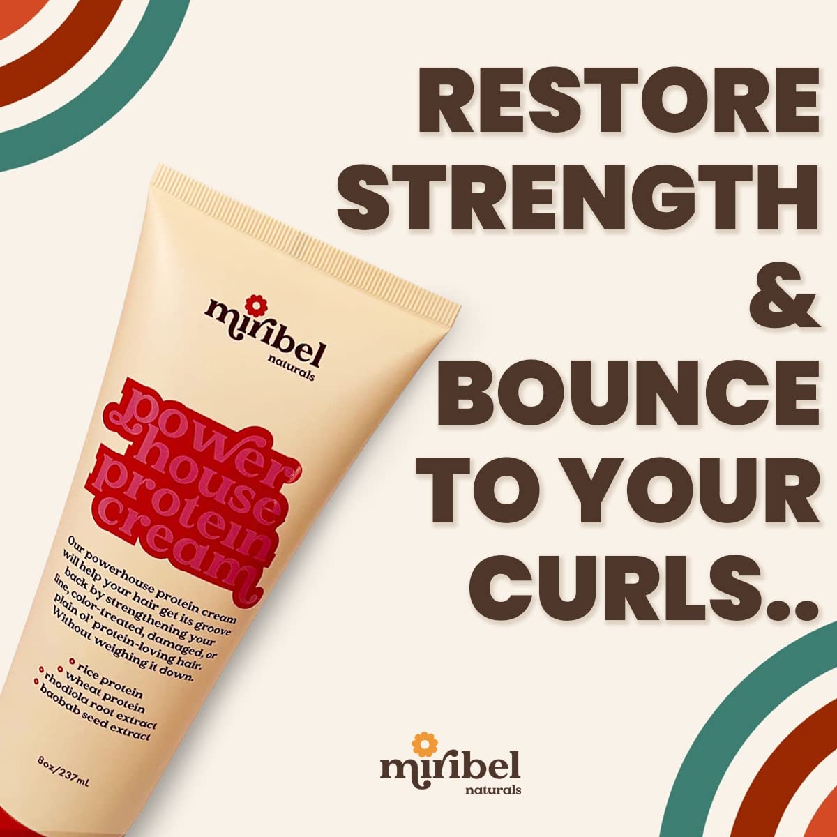 Miribel Powerhouse Protein Cream for Hair, 8 fluid ounces - Repair, Strengthen, and Protect Damaged, Fine, Wavy, or Curly Hair - Vegan, Sulfate-Free, Paraben-Free Leave-In Conditioner and Protein Mask