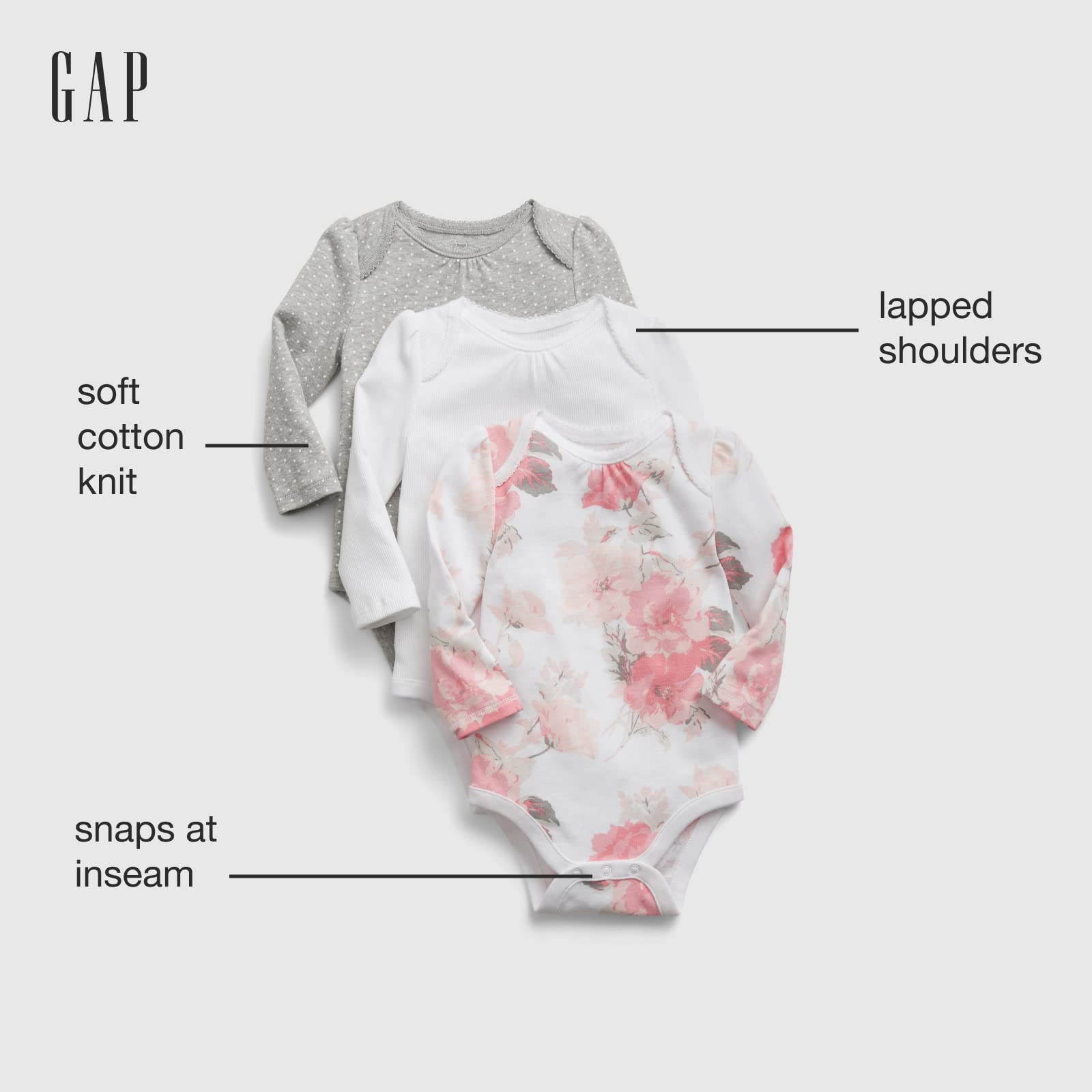 GAP unisex baby First Favourite Long Sleeve Bodysuits, Optic White Floral, 0-3M US