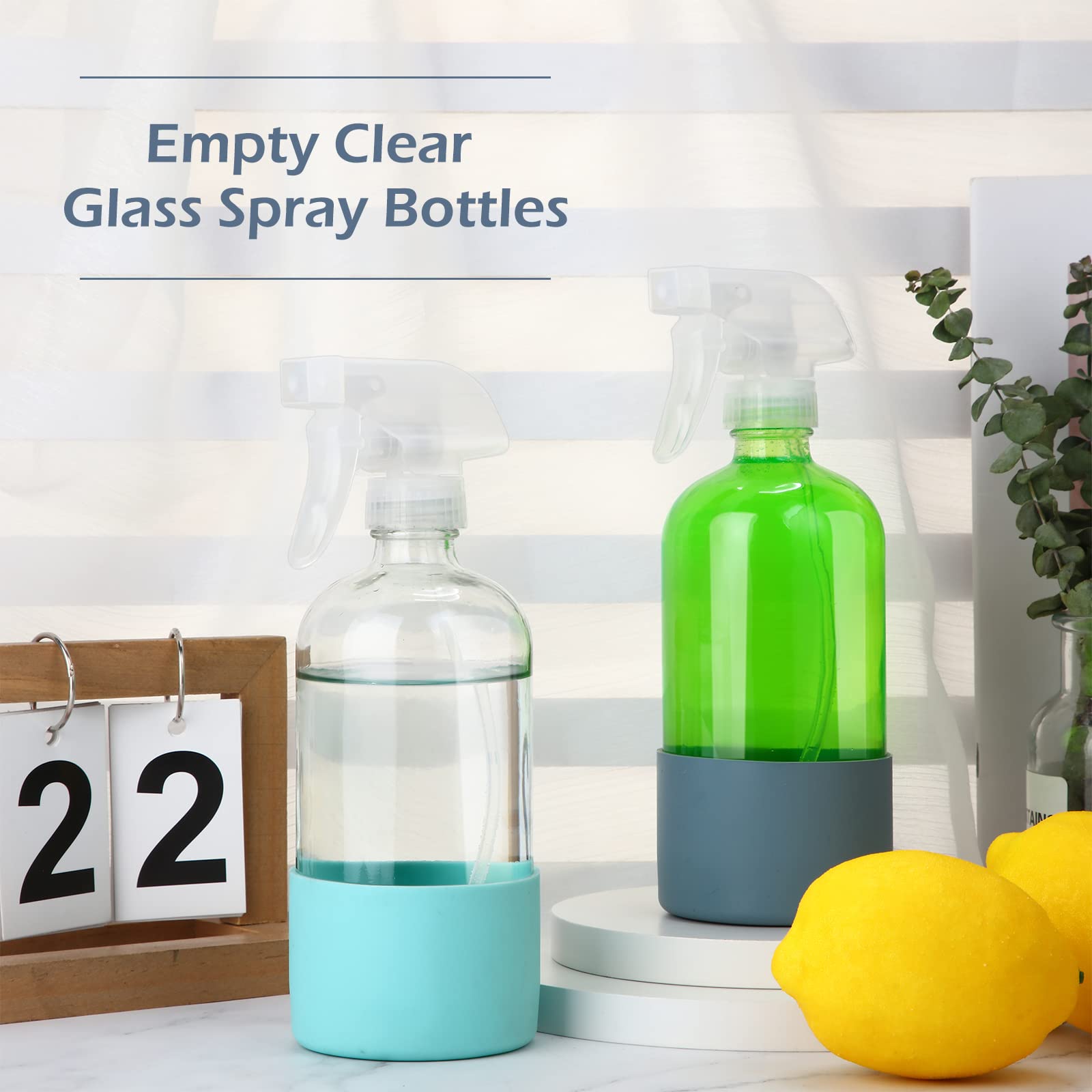 CHENGU 6 Packs Empty Glass Spray Bottles with Silicone, 17 oz Refillable Container Clear Spray Bottles for Cleaning Solutions, Essential Oils, Misting Plants (White, Light Gray, Dark Gray, Green)