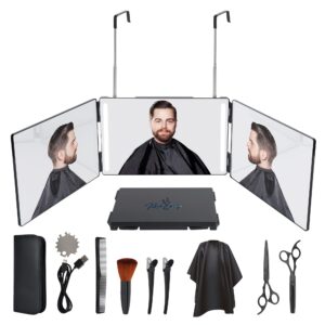 kkoch beauty 3 way mirror with led lights, haircutting kit, 360 mirror for braiding and makeup, mirror to see back of head, self cut for men women kids