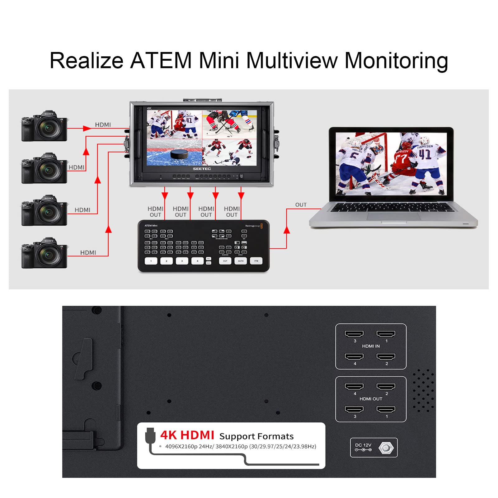 SEETEC ATEM156-CO 15.6” 4K HDMI Multiview Portable Carry-on Broadcast Director Monitor with 1920×1080 Pixels 4 HDMI Input Output Quad Split Display +Sunshade