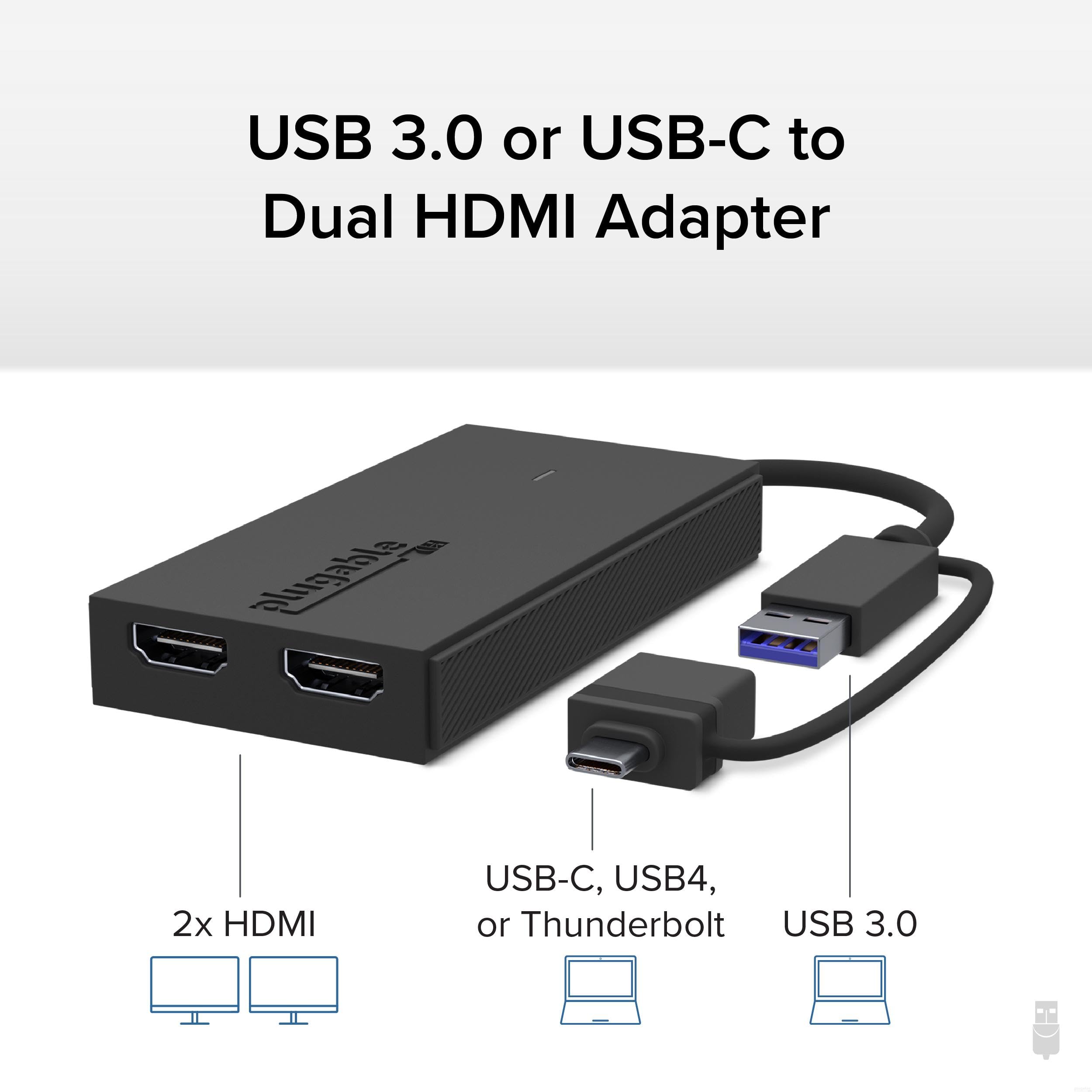 Plugable Dual Monitor Adapter for M1/M2/M3/M4 macOS Systems, Windows, ChromeOS. Broad Compatibility - Thunderbolt, USB-C, USB 3.0 to HDMI Adapter for Dual Monitors 1920x1080 @60Hz, SMI Driver Required