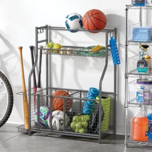 mDesign Metal Heavy Duty Garage Storage System Rack with Top Shelf, Multi-Purpose Sporting Goods Storage with Multiple Compartments, Baskets and Hooks - Holds Equipment, Balls, Bats - Graphite Gray