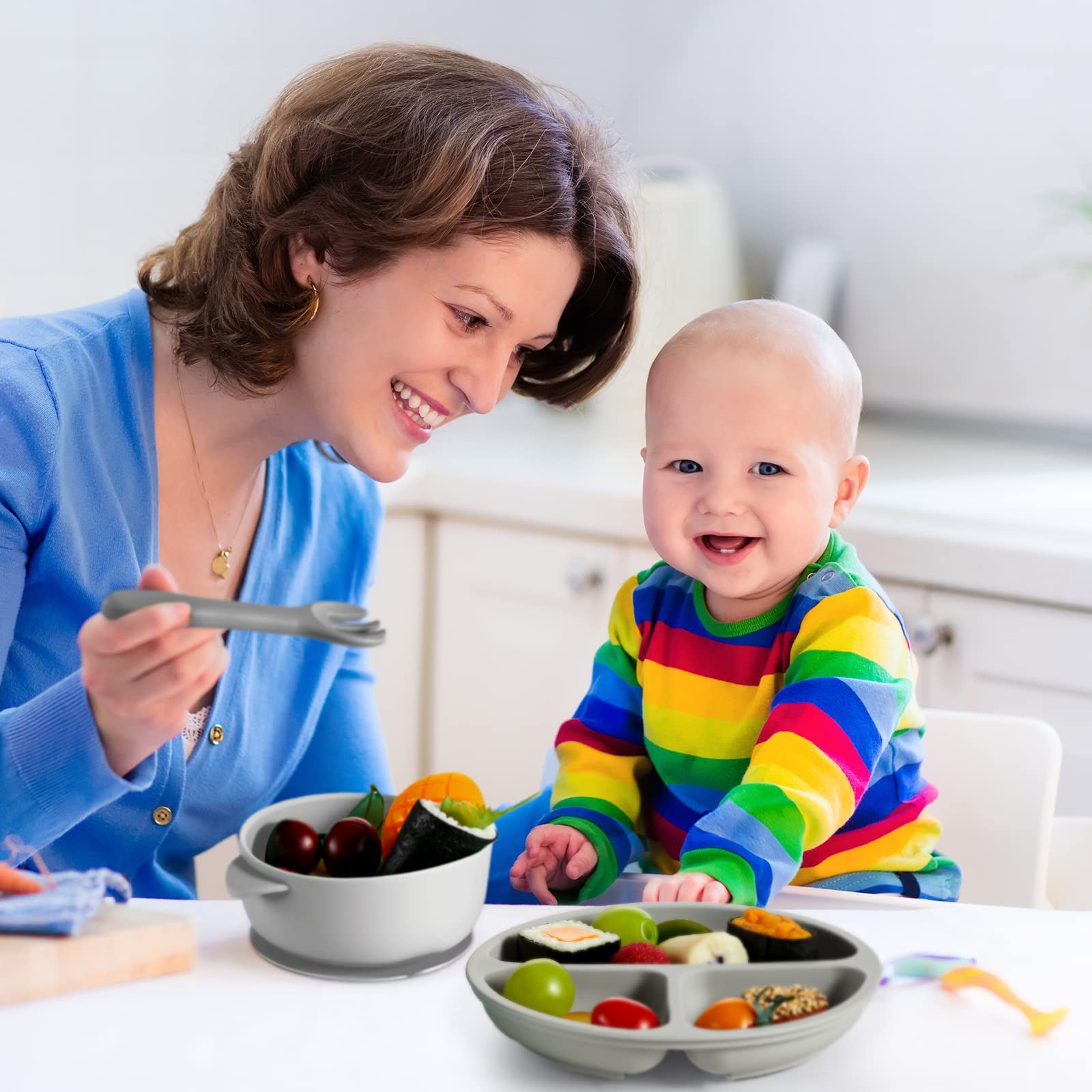 9 Pcs Silicone Baby Toddler Suction Plates Baby Bowls with Suction Toddler Bowls Set Kids Utensils Divided Plate Baby Boy Girl Feeding Set with Spoon Fork Dishwasher and Microwave Safe (Bright Colors)