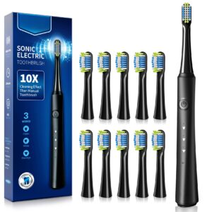 whitempter sonic electric toothbrush for adults, rechargeable sonic toothbrush with 10 brush heads, fast 2 hr charge last 35 days,rechargeable sonic toothbrush with 40000vpm and 3 modes (black)