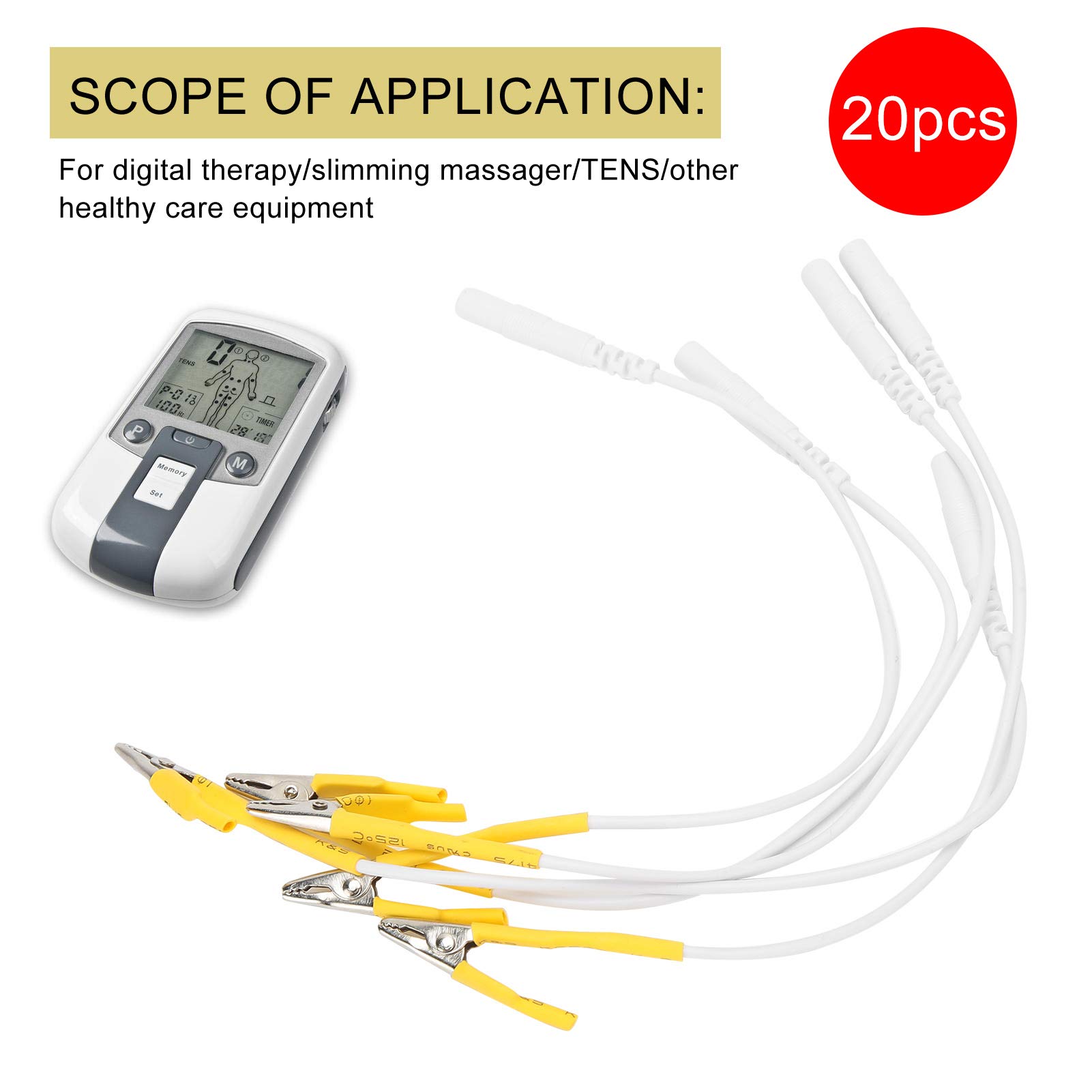 Electrode Cable, 20pcs / Bag Clip Electrode Wires Cable for Massage Machine Yellow