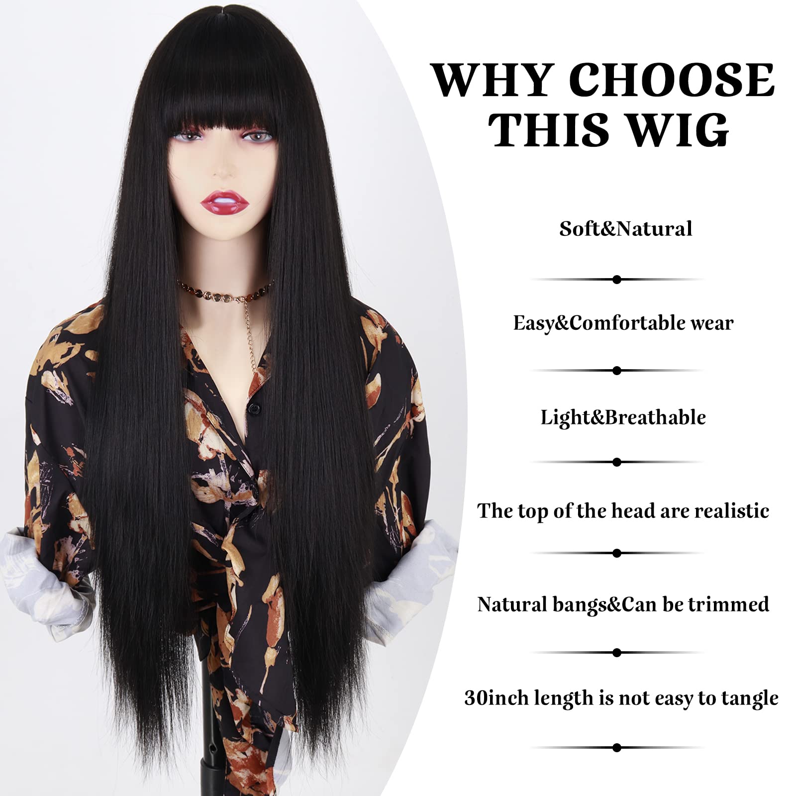 MISSQUEEN Long Black Wigs with Bangs, Straight Black Wigs for Women, Synthetic 30 Inch Long Straight Black Bangs Wig for Daily Wear