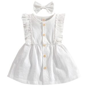 cudilica toddler baby girls summer dress sleeveless ruffle solid cotton linen button princess dresses headband infant set (white, 6-12 months)