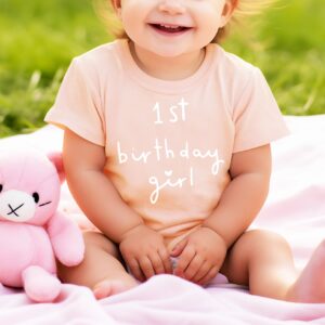 Girls 1st Birthday Shirt Heart Birthday Girl Shirt for Baby Girls One Year Old Retro Birthday White on Peach Shirt 12 Months