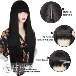 MISSQUEEN Long Black Wigs with Bangs, Straight Black Wigs for Women, Synthetic 30 Inch Long Straight Black Bangs Wig for Daily Wear