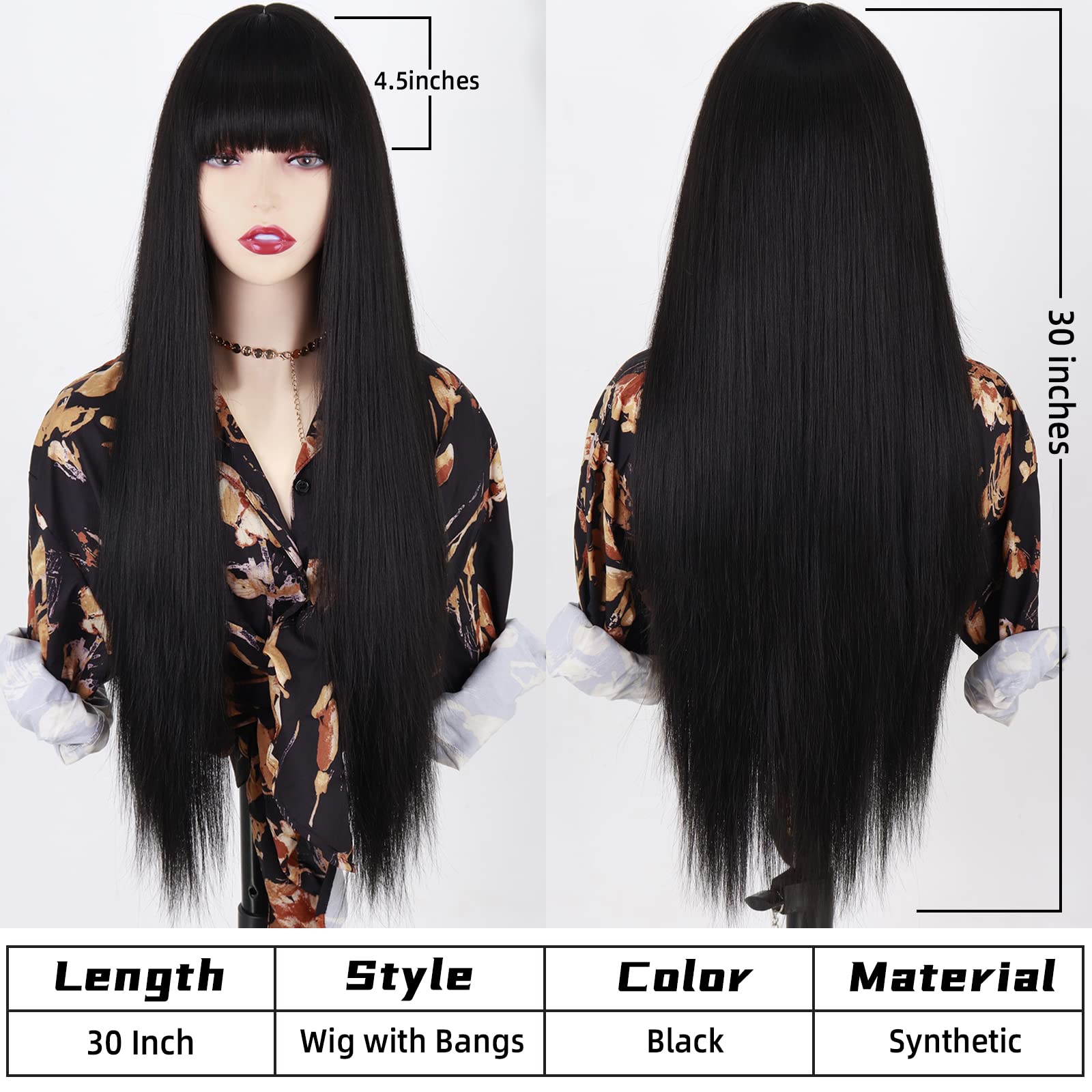 MISSQUEEN Long Black Wigs with Bangs, Straight Black Wigs for Women, Synthetic 30 Inch Long Straight Black Bangs Wig for Daily Wear