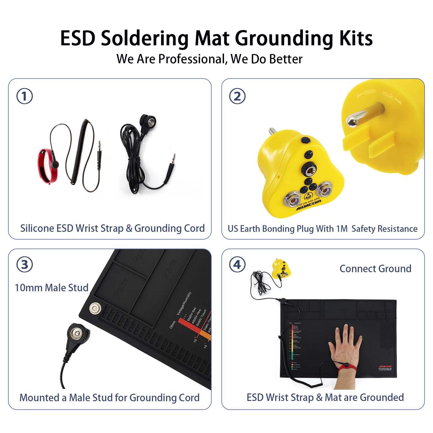 18x12 Inch ESD Silicone Soldering Mat,Anti Static Repair Work Mat Tool Kits for PC Building Includes Grounding Plug Outlet Adpater,Antistatic Gloves,Wrist Strap Bracelet Wristband,Wire Cord,Aidacom