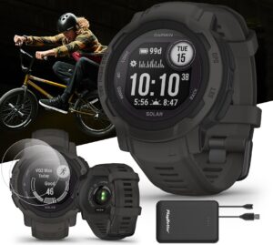 playbetter garmin instinct 2 camo (graphite) rugged gps smartwatch bundle - outdoor military watch, multi-gnss & 24/7 fitness tracker, s/m, 40mm - includes screen protectors & portable charger