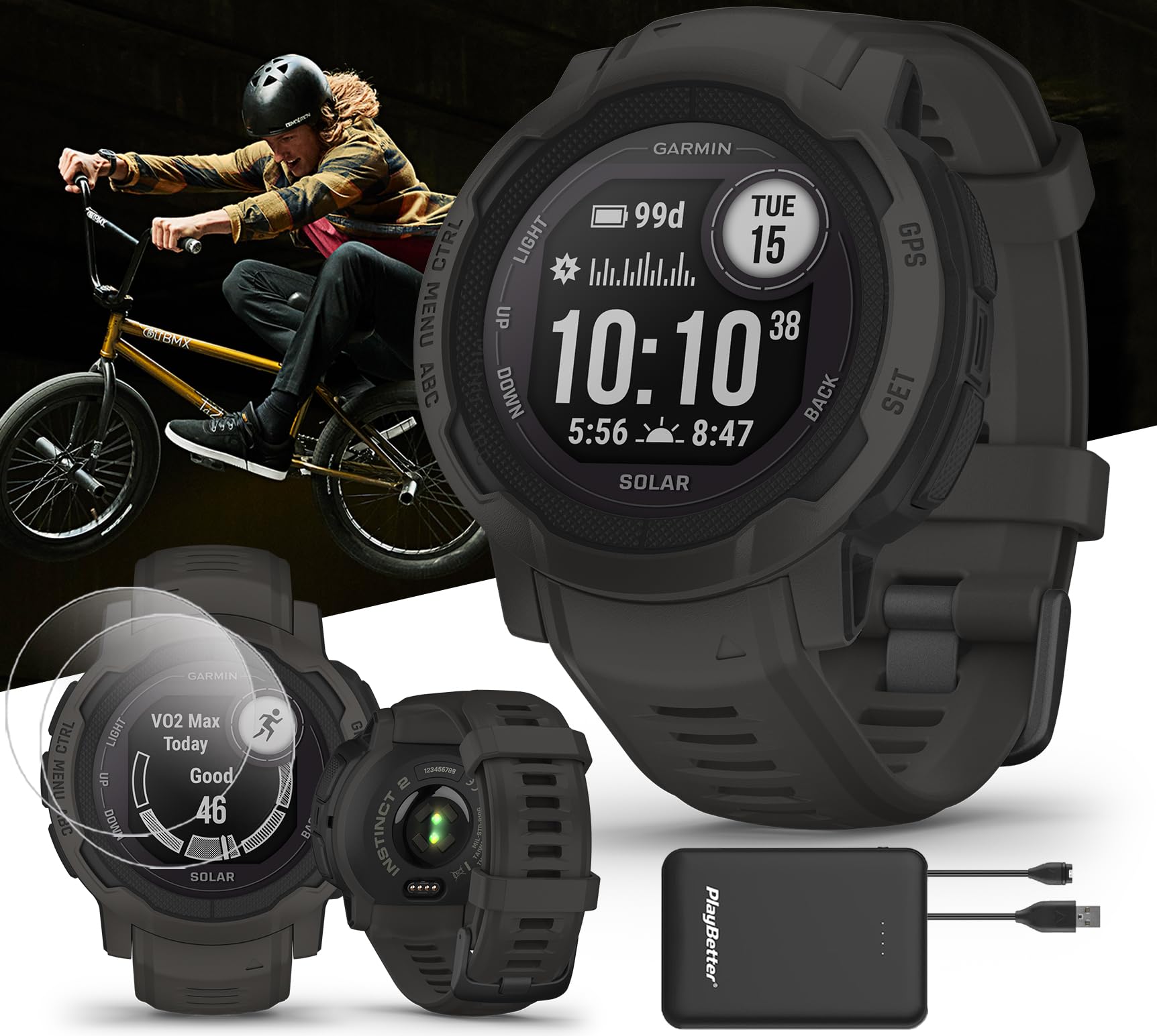 PlayBetter Garmin Instinct 2 Camo (Graphite) Rugged GPS Smartwatch Bundle - Outdoor Military Watch, Multi-GNSS & 24/7 Fitness Tracker, S/M, 40mm - Includes Screen Protectors & Portable Charger