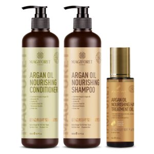 magiforet argan oil nourishing daily care set, shampoo 500ml + conditioner 500ml + hair serum 100ml, sulfate free paraben free, soft & smooth, gentle on frizz, curly & color treated hair