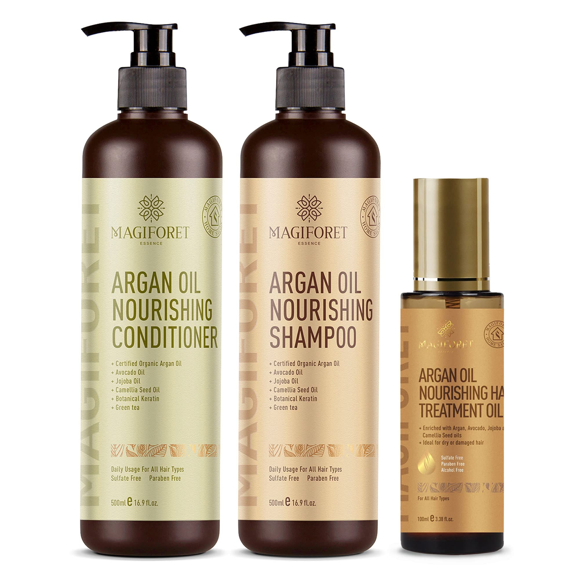 MagiForet Argan Oil Nourishing Daily Care Set, Shampoo 500ml + Conditioner 500ml + Hair Serum 100ml, Sulfate Free Paraben Free, Soft & Smooth, Gentle on Frizz, Curly & Color Treated Hair