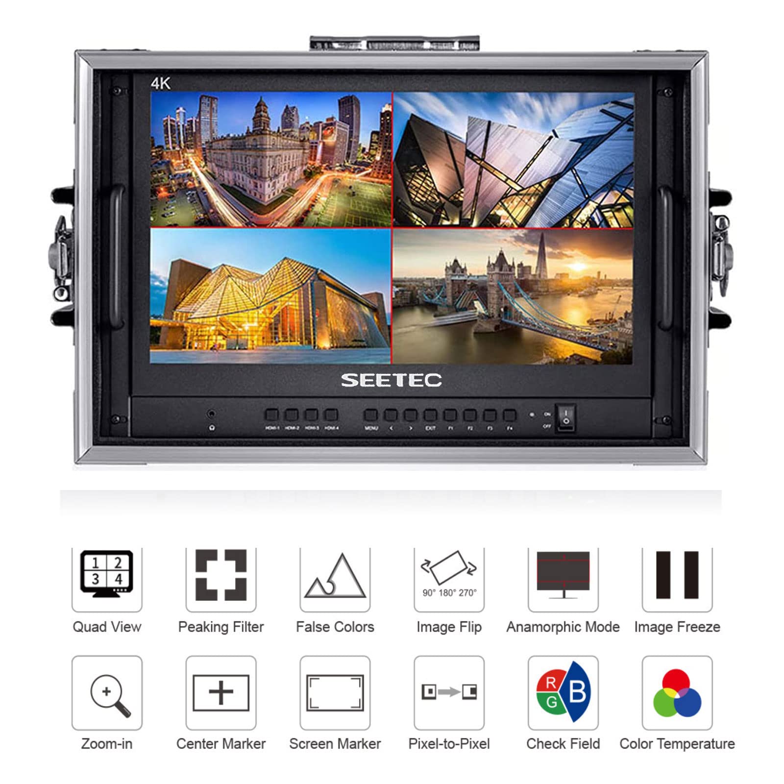 SEETEC ATEM156-CO 15.6” 4K HDMI Multiview Portable Carry-on Broadcast Director Monitor with 1920×1080 Pixels 4 HDMI Input Output Quad Split Display +Sunshade