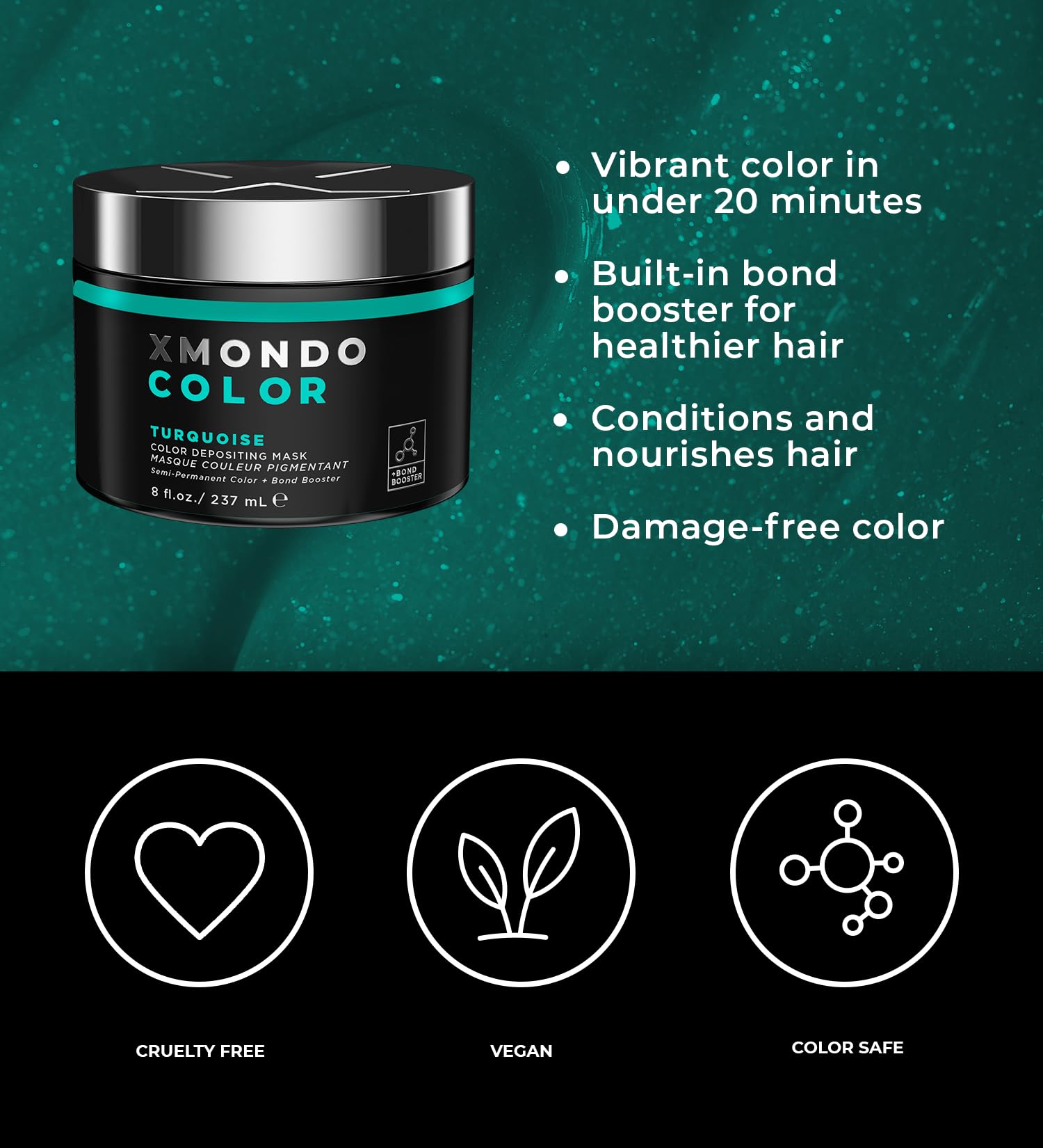 XMONDO Color Turquoise Depositing Mask & Semi-Permanent Turquoise Dye | Infused with Bond Booster Technology & Hyaluronic Acid for Nourishment, Revitalization & Repair, Vegan Formula, 8 Fl Oz 1-Pack