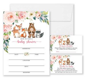 yuzioey girl woodland baby shower invitations, 25 woodland floral invitations macthing envelpoes, diaper raffle tickets, book request cards, forest creatures invitations