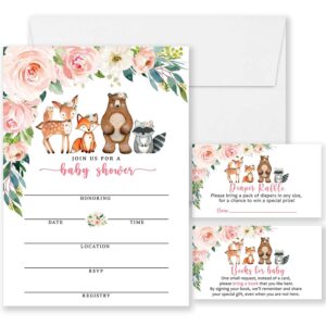 Yuzioey Girl Woodland Baby Shower Invitations, 25 Woodland Floral Invitations Macthing Envelpoes, Diaper Raffle Tickets, Book Request Cards, Forest Creatures Invitations