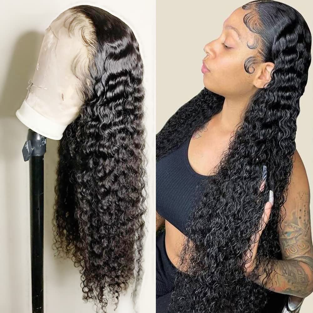 Water Wave Lace Front Wigs Human Hair 180% Density 13x4 HD Lace Frontal Wigs Human Hair Wet and Wavy Glueless Wigs for Women Deep Curly Human Hair Lace Front Wigs Pre Plucked Natural Color 24 Inch