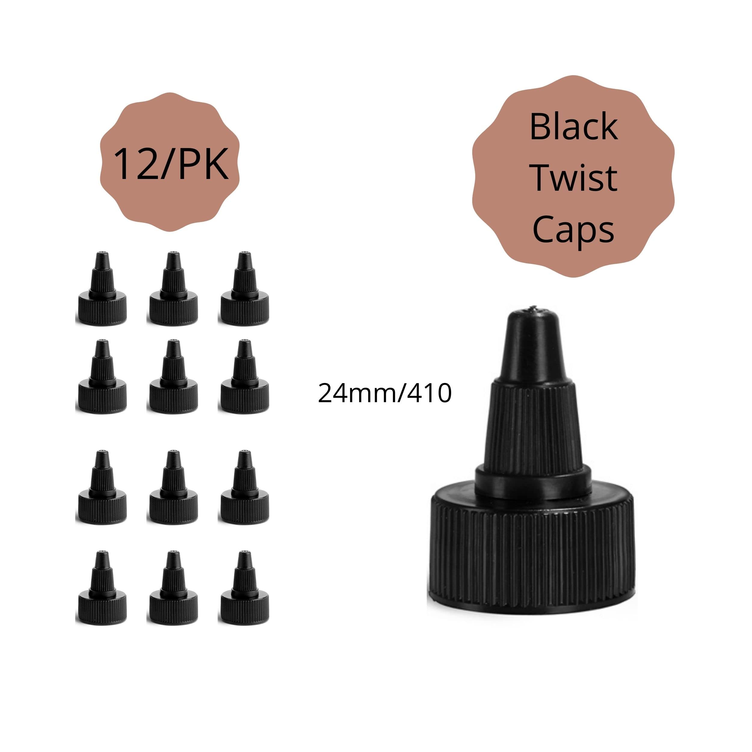 kelkaa Caps 24/410 Black Twist Caps with 0.115 Orifice Hole, Dispensing Caps, Replacement Caps for Squeeze Bottles, Neck diameter 24mm, Thread Type 410 (Pack of 12)