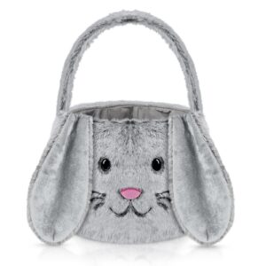 senneny easter baskets for kids, personalized plush bunny basket gift for girls boys, cute fluffy eggs hunting buckets bags with foldable rabbit ears, light gray