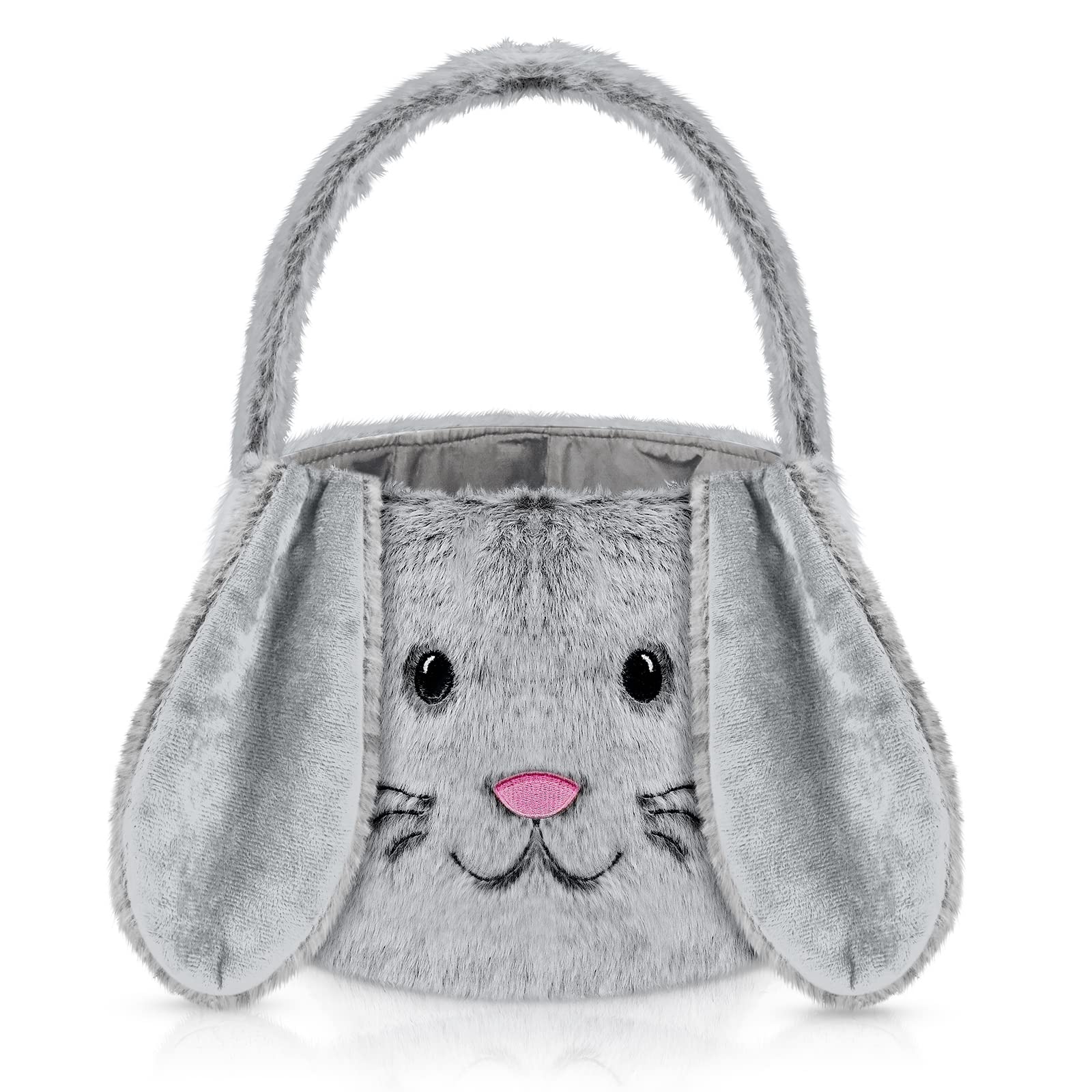 Senneny Easter Baskets for Kids, Personalized Plush Bunny Basket Gift for Girls Boys, Cute Fluffy Eggs Hunting Buckets Bags with Foldable Rabbit Ears, Light Gray