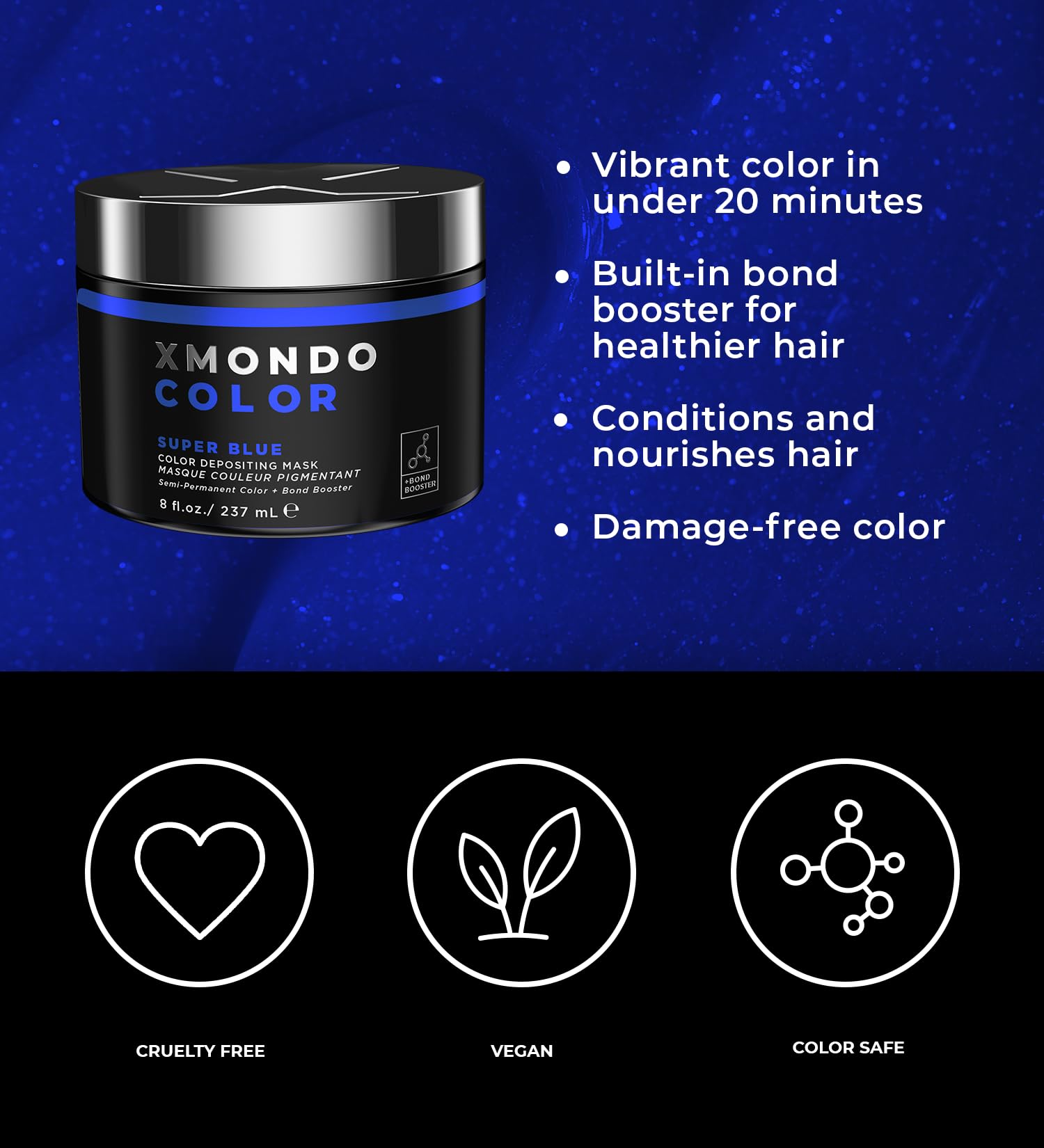 XMONDO Color Super Blue Depositing Mask & Semi-Permanent Blue Hair Dye | Infused with Bond Booster Technology & Hyaluronic Acid for Nourishment, Revitalization & Repair, Vegan Formula, 8 Fl Oz 1-Pack