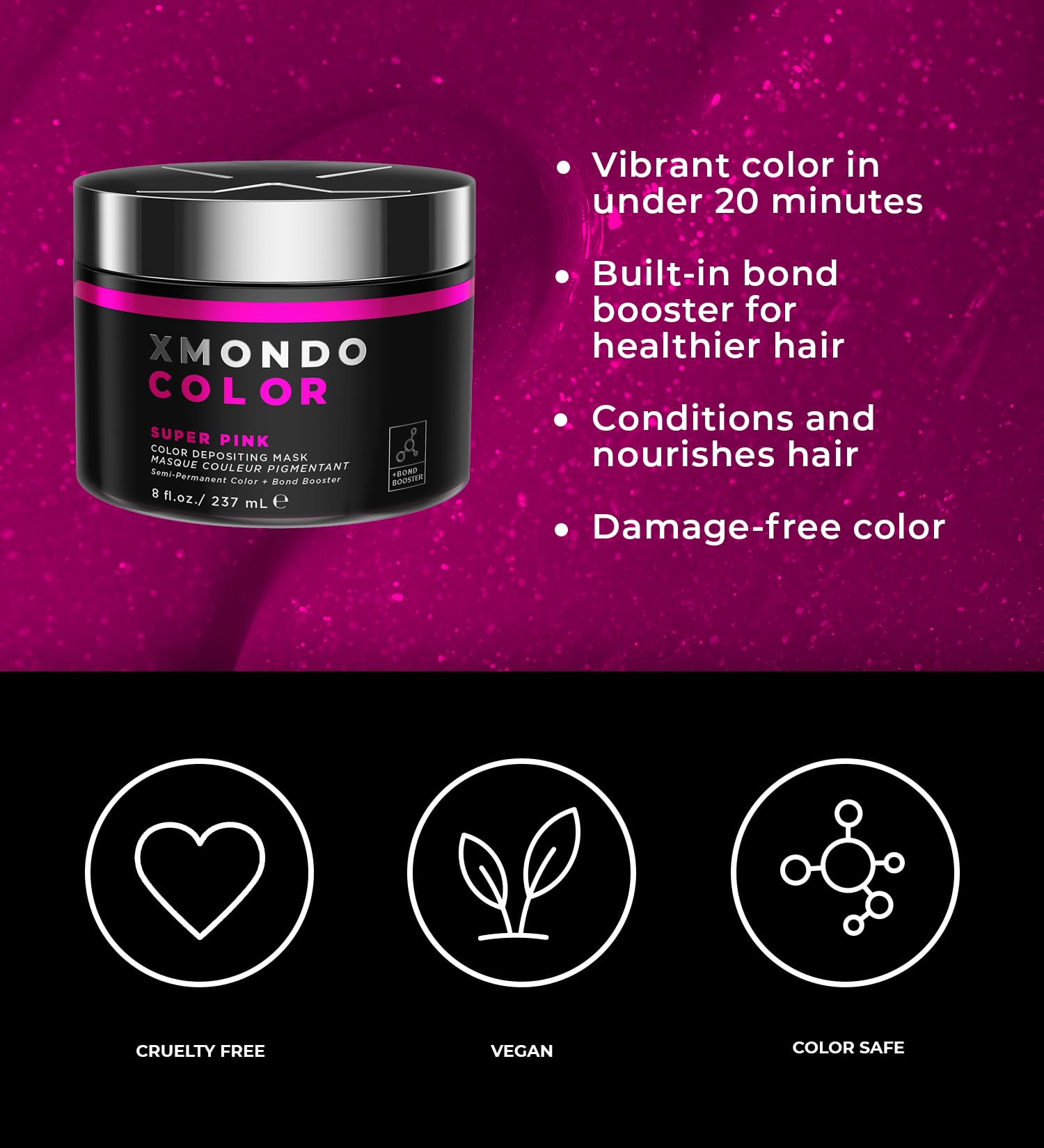 XMONDO Color Super Pink Depositing Mask & Semi-Permanent Pink Hair Dye | Infused with Bond Booster Technology & Hyaluronic Acid for Nourishment, Revitalization & Repair, Vegan Formula, 8 Fl Oz 1-Pack