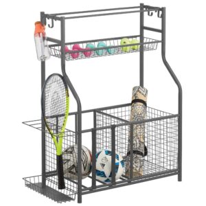 mdesign metal heavy duty garage storage system rack with top shelf, multi-purpose sporting goods storage with multiple compartments, baskets and hooks - holds equipment, balls, bats - graphite gray