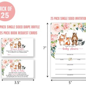 Yuzioey Girl Woodland Baby Shower Invitations, 25 Woodland Floral Invitations Macthing Envelpoes, Diaper Raffle Tickets, Book Request Cards, Forest Creatures Invitations