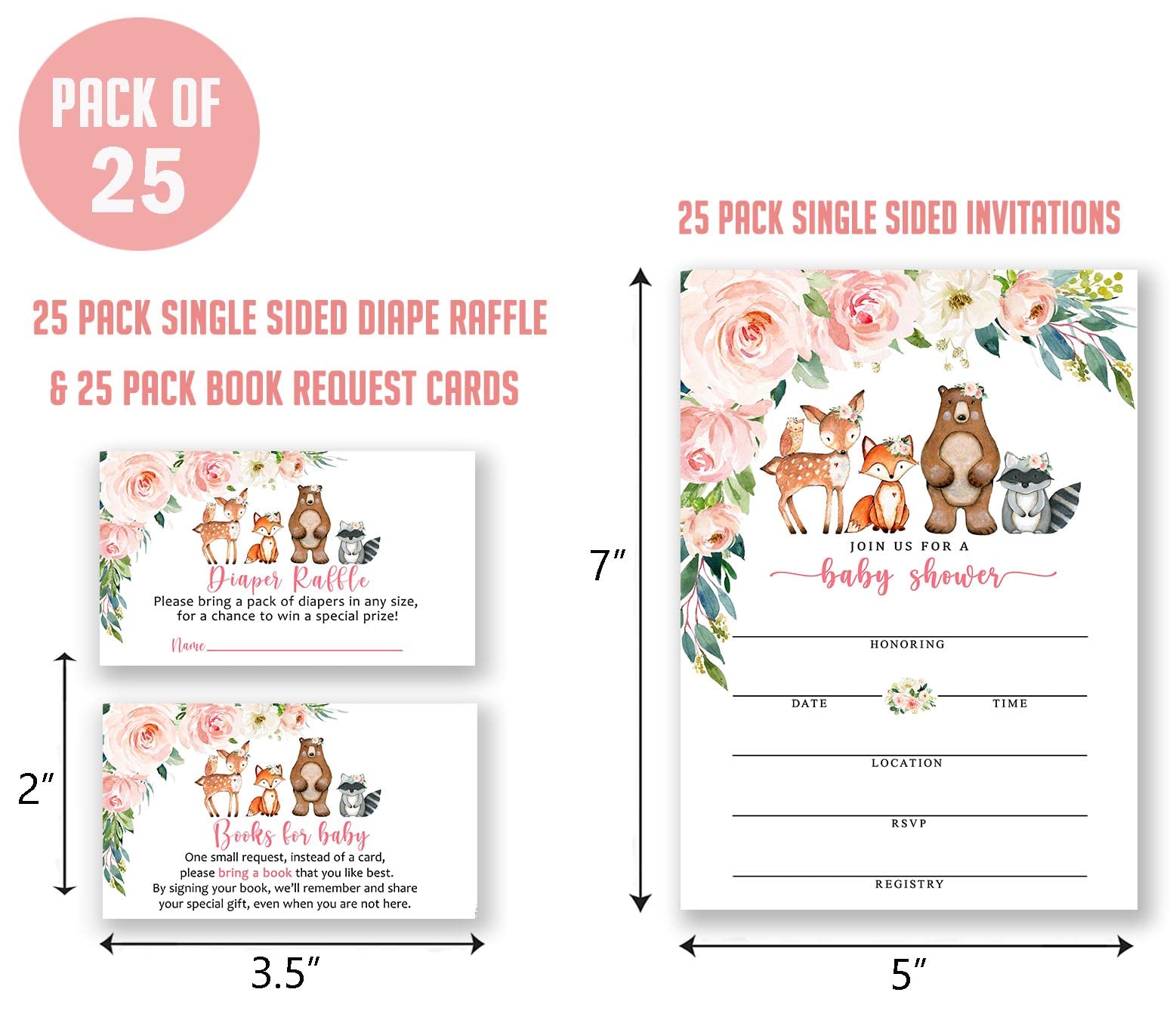 Yuzioey Girl Woodland Baby Shower Invitations, 25 Woodland Floral Invitations Macthing Envelpoes, Diaper Raffle Tickets, Book Request Cards, Forest Creatures Invitations