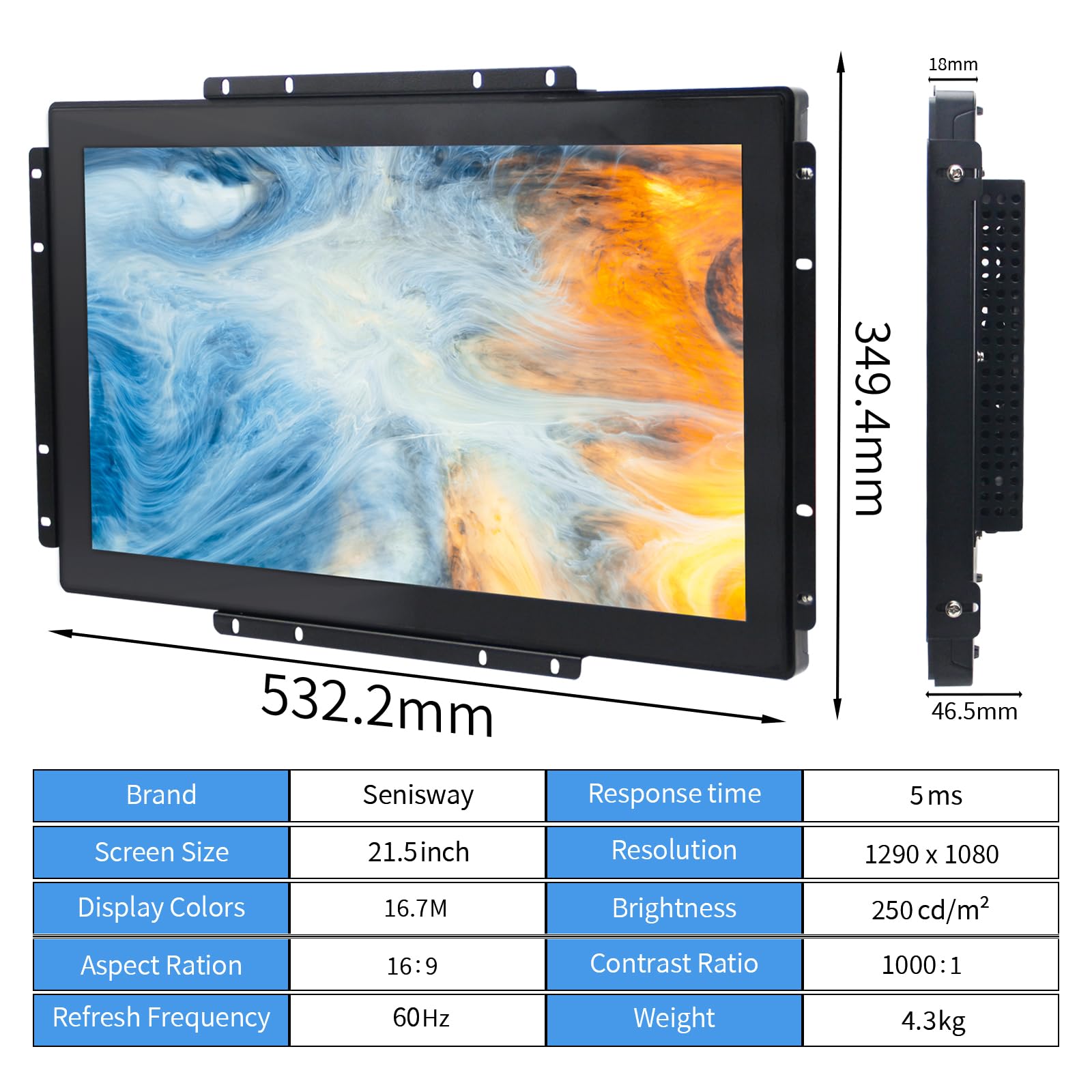 Senisway 21.5 Inch 10 Points Industrial Capacitive Touch Monitor， IP65 Waterproof 1920x1080 @ 60Hz TFT LCD IK08 Open Frame Design Touch Screen Suitable for kiosks