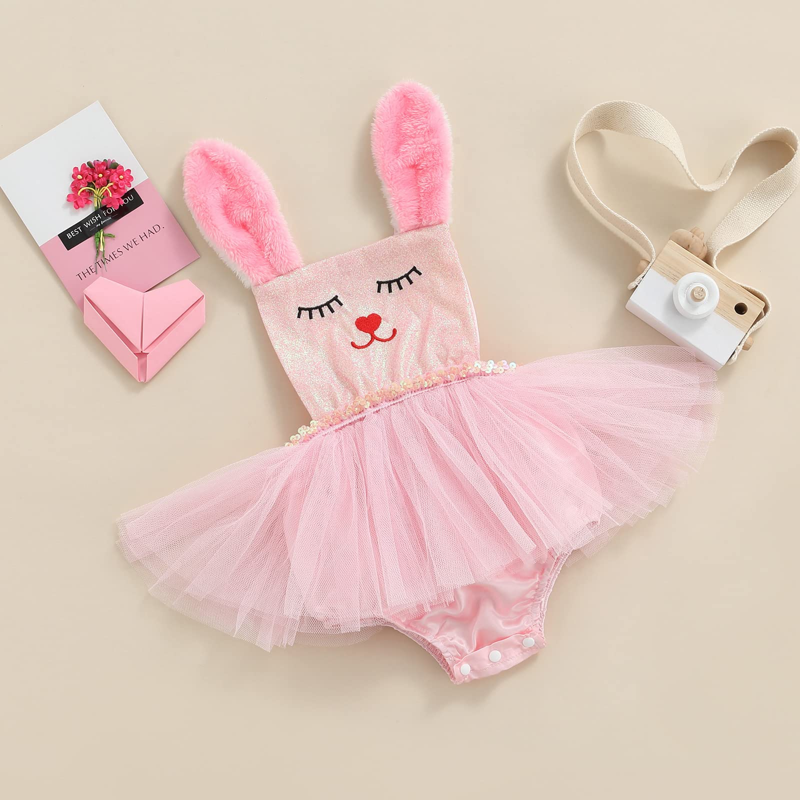 Toddler Baby Girl Romper Infant Girl Easter Sequins Tutu Dress Bunny Ear Jumpsuit Playsuit One Piece Outfit (Pink, 18-24M)