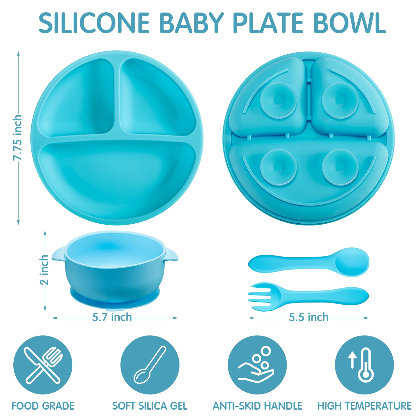 9 Pcs Silicone Baby Toddler Suction Plates Baby Bowls with Suction Toddler Bowls Set Kids Utensils Divided Plate Baby Boy Girl Feeding Set with Spoon Fork Dishwasher and Microwave Safe (Bright Colors)