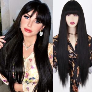 missqueen long black wigs with bangs, straight black wigs for women, synthetic 30 inch long straight black bangs wig for daily wear