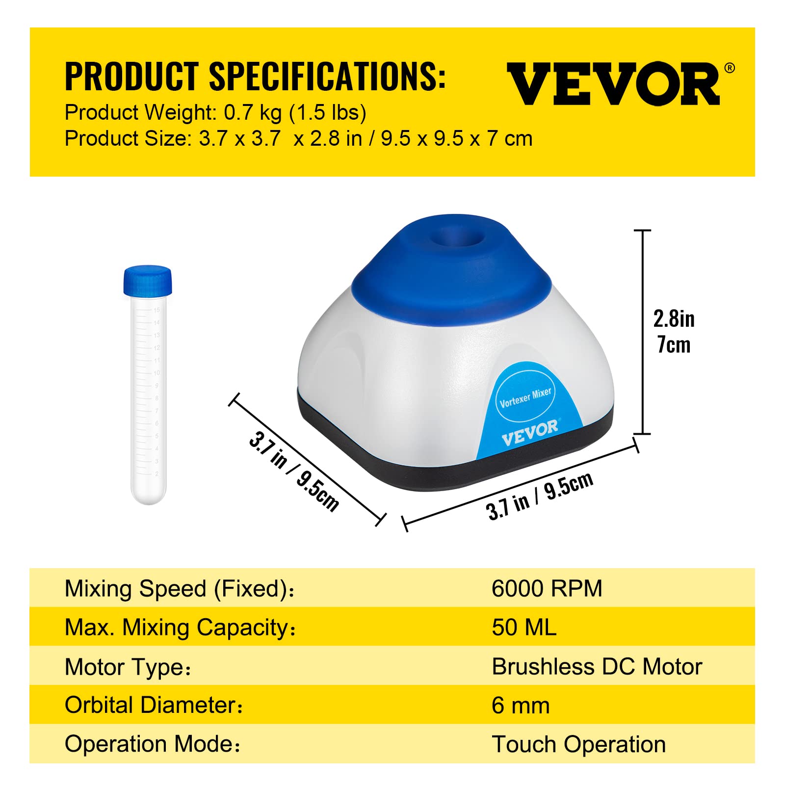 VEVOR Vortex Mixer, 6000RPM Mini Vortex Mixer Shaker, Touch Function Scientific Lab Vortex Shaker, Mix Up to 50ML, 6mm Orbital Diameter for Test Tube, Tattoo Ink, Nail Polish, Eyelash Adhesives, Paint