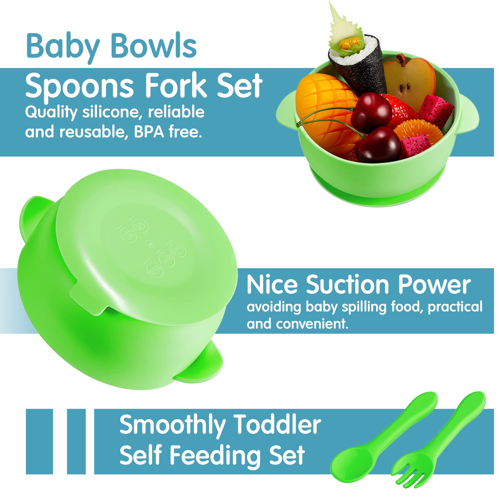 9 Pcs Silicone Baby Toddler Suction Plates Baby Bowls with Suction Toddler Bowls Set Kids Utensils Divided Plate Baby Boy Girl Feeding Set with Spoon Fork Dishwasher and Microwave Safe (Bright Colors)